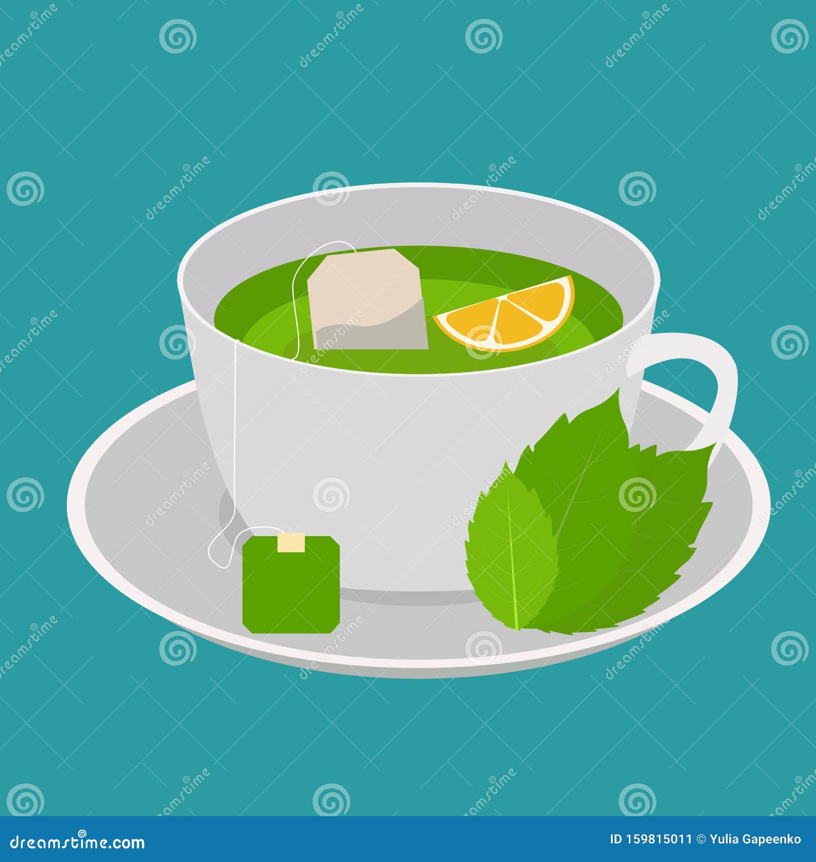 Cup with Green Mint Tea and Lemon in Flat Design. Vector Illustration ...
