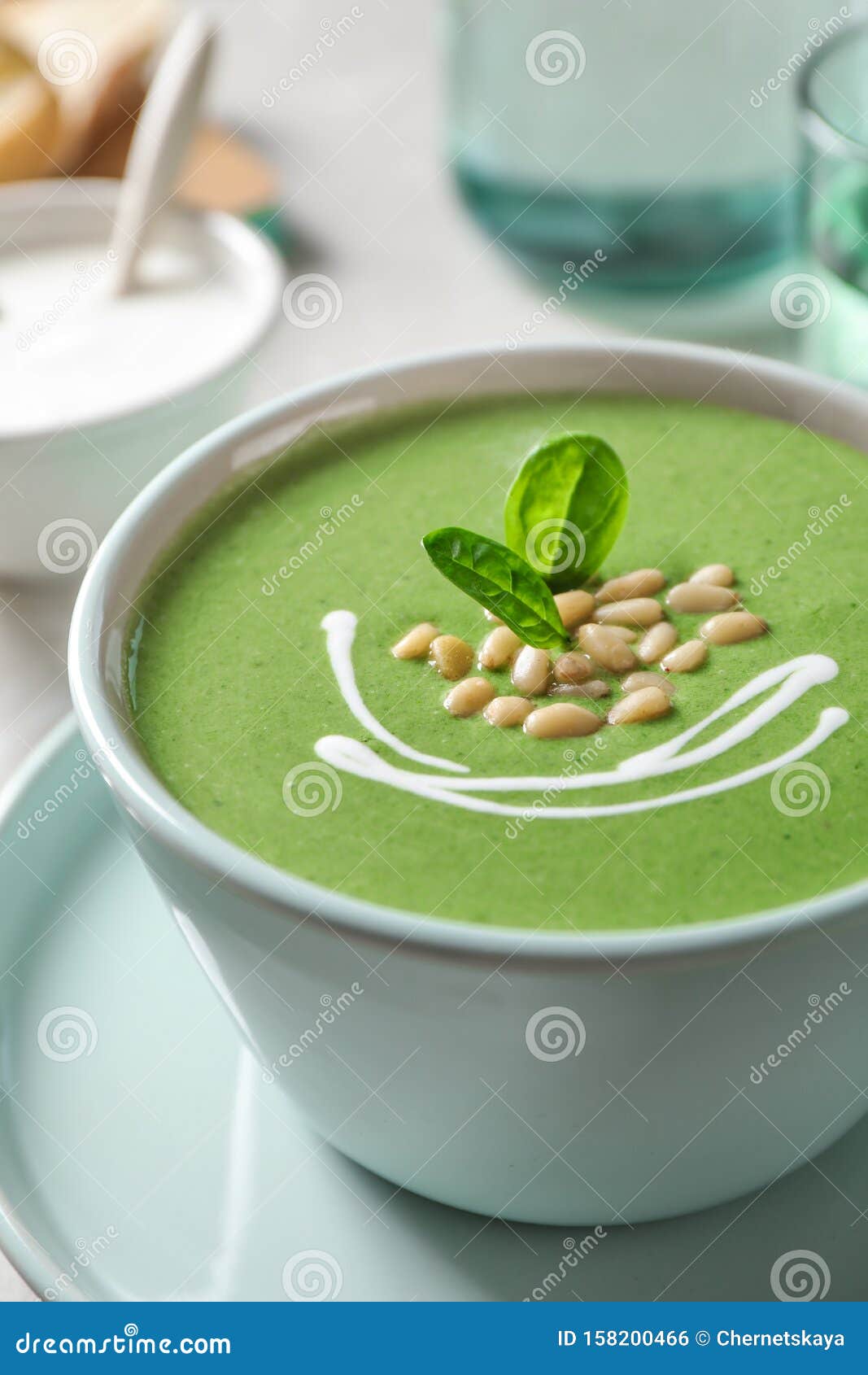 Cup of Healthy Green Soup Fresh Spinach on Table, Closeup Stock Photo ...