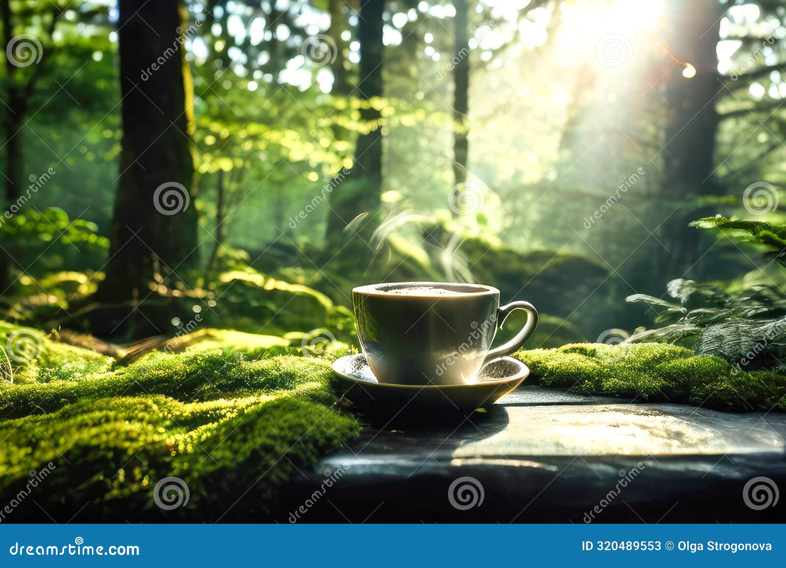 A Cup of Hot Coffee Drink on the Tree Stump in Summer Forest Stock ...