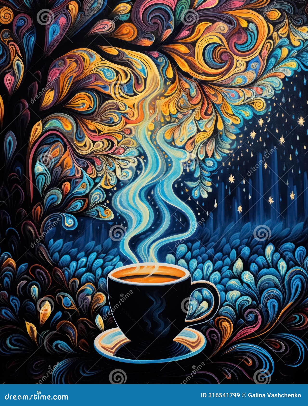 Cup of Hot Coffee on Night Sky with Stars Background of an Abstract ...