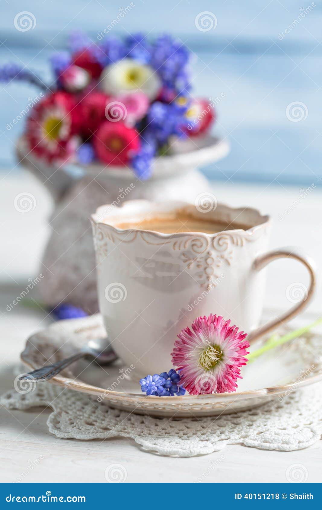 Cup of Hot Coffee and Spring Flowers Stock Photo - Image of elegance ...