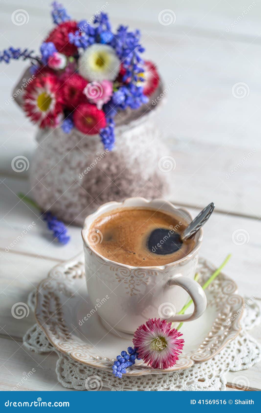 Cup of Hot Coffee and Spring Flowers Stock Photo - Image of ceramic ...