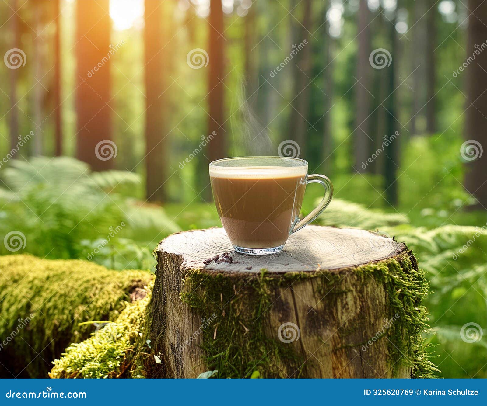 A Cup of Hot Coffee on the Tree Stump in the Forest Stock Illustration ...