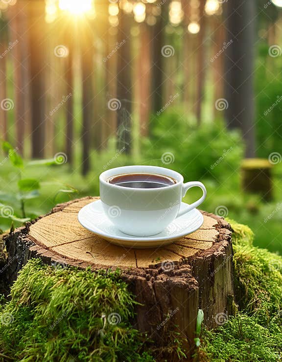A Cup of Hot Coffee on the Tree Stump in the Forest Stock Illustration ...
