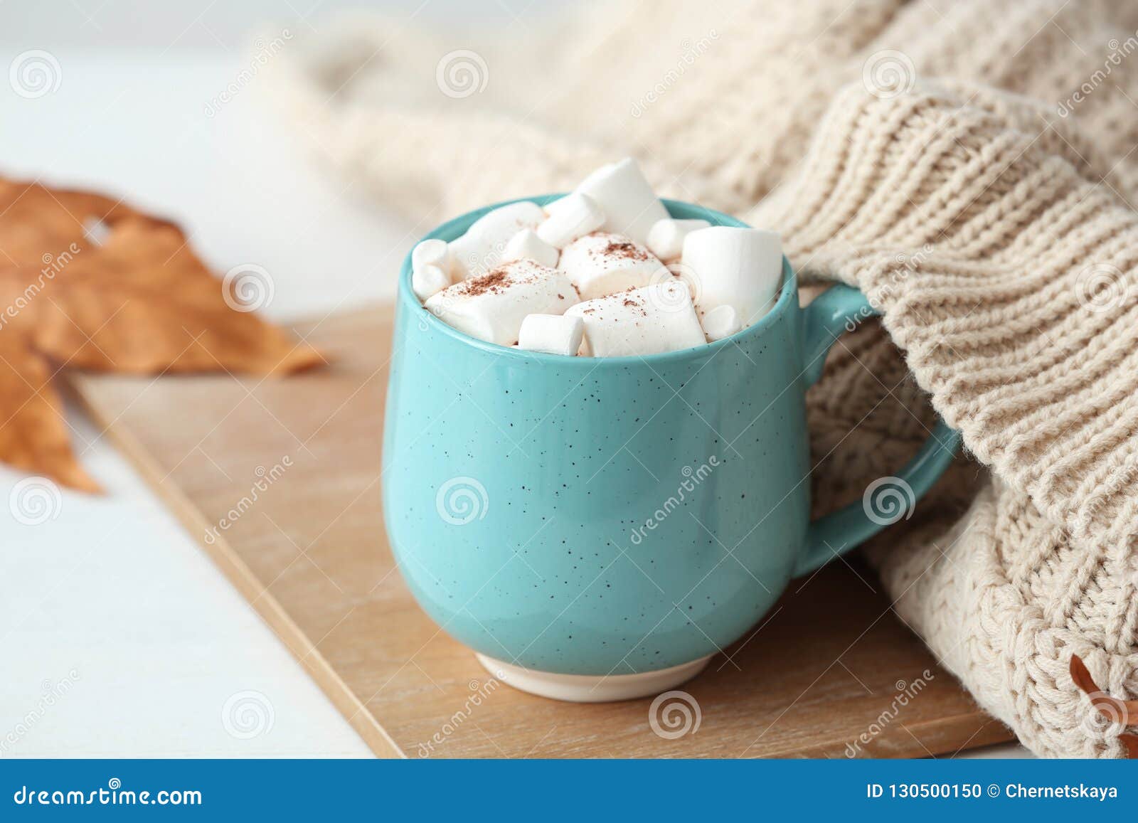Cup of Hot Cozy Drink with Marshmallows and Autumn Sweater Stock Photo ...