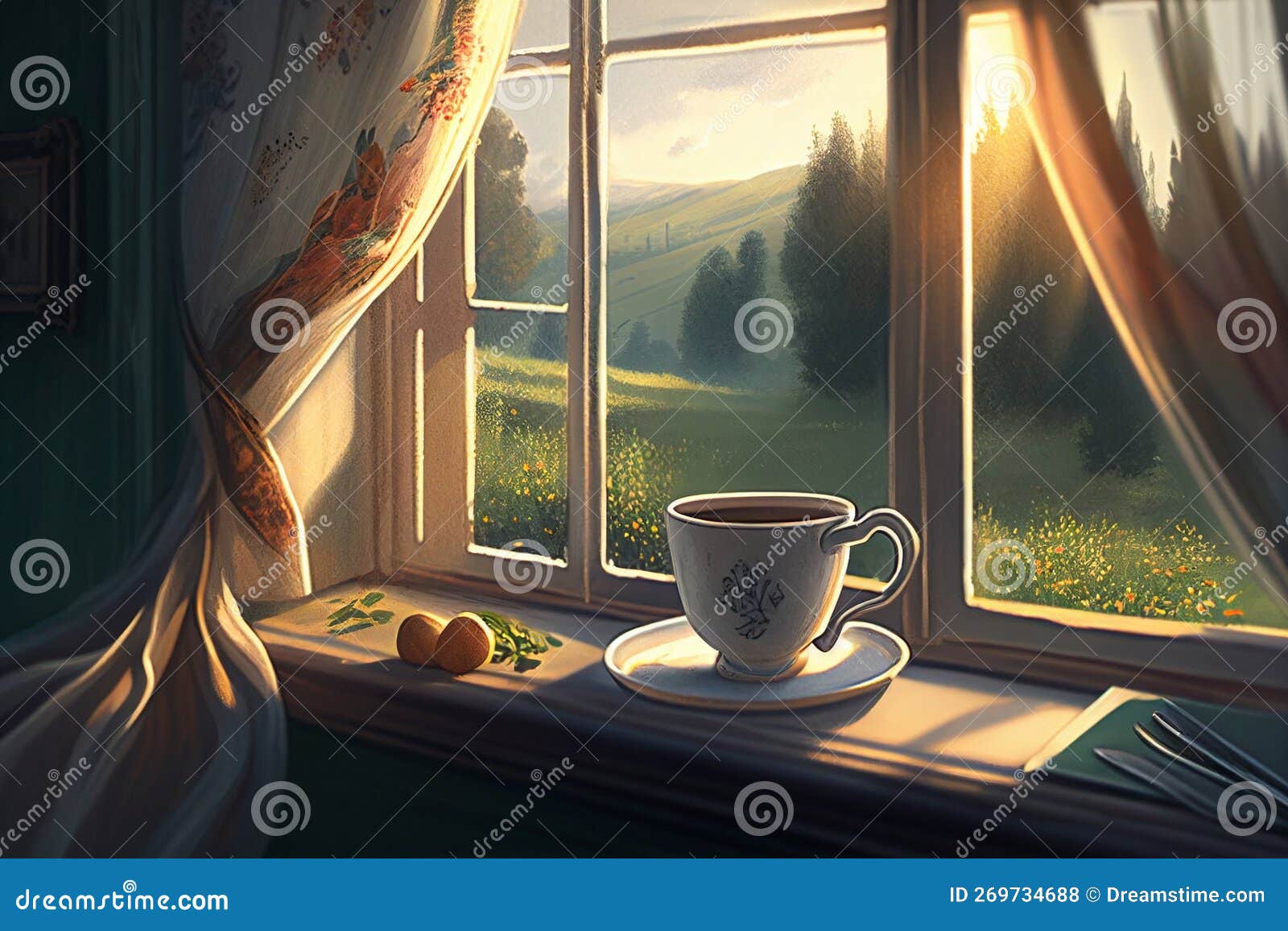 Cup of Hot Tea on the Windowsill by the Window. AI Generated. Stock ...