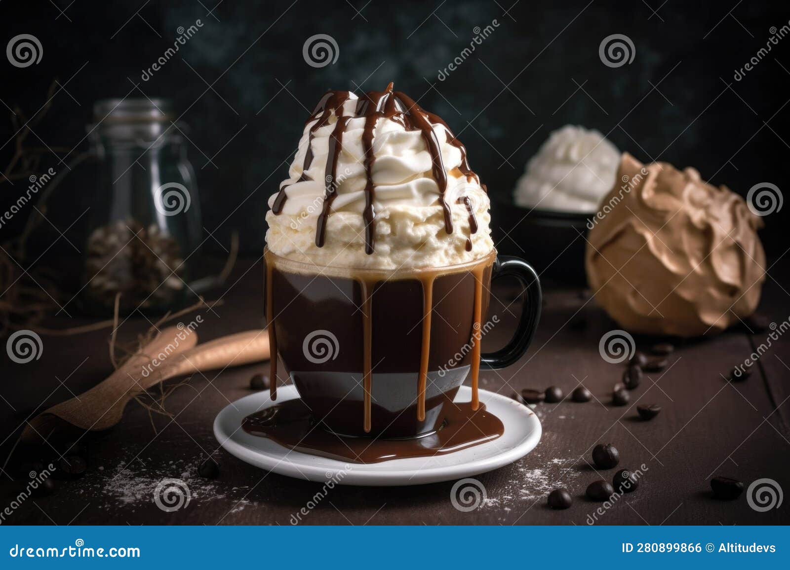 Cup of Iced Coffee with Foamy Head and Drizzle of Chocolate Sauce Stock ...