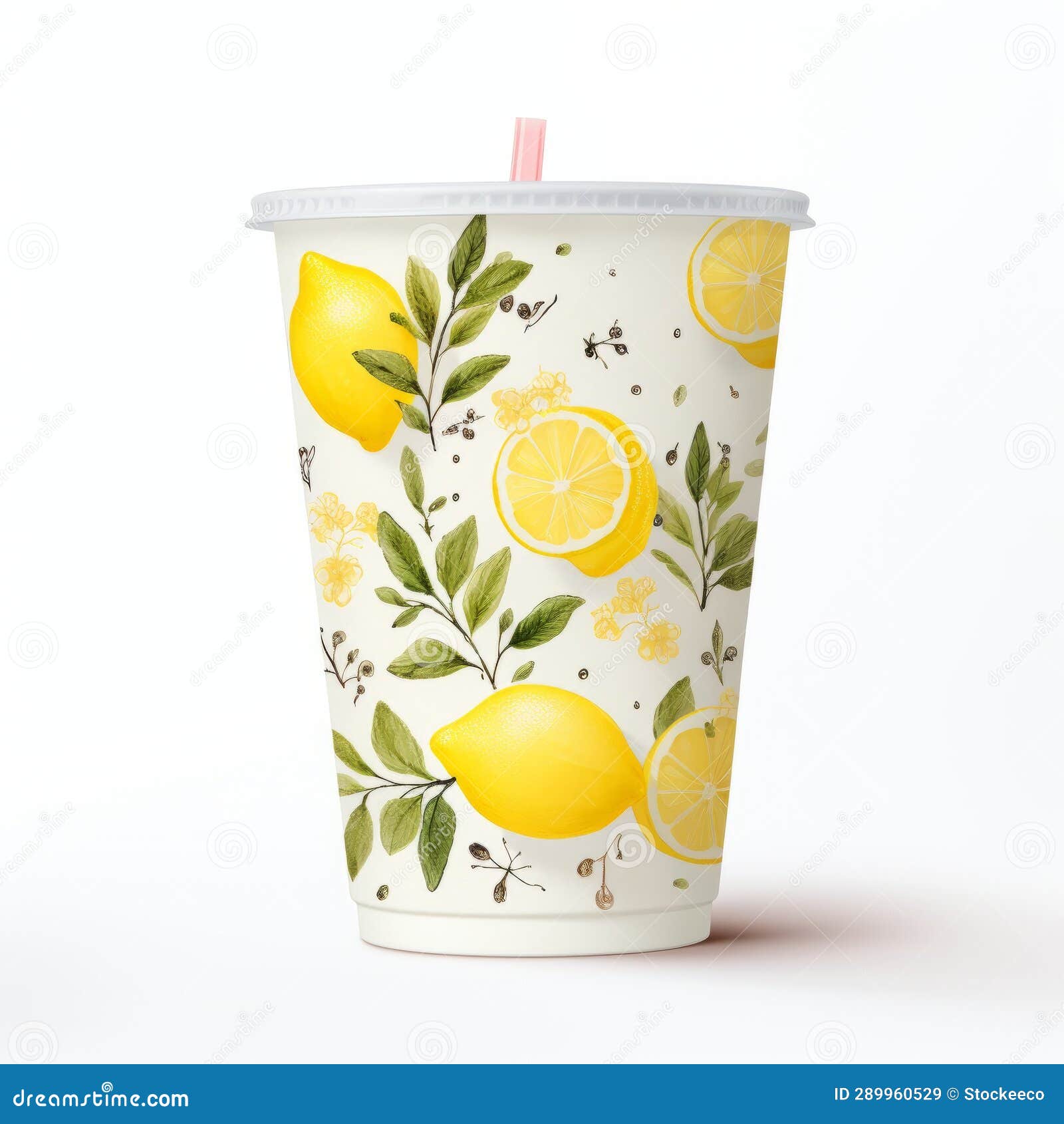 Realistic Lemon Leaf Pattern Cup Mockup on White Background Stock ...