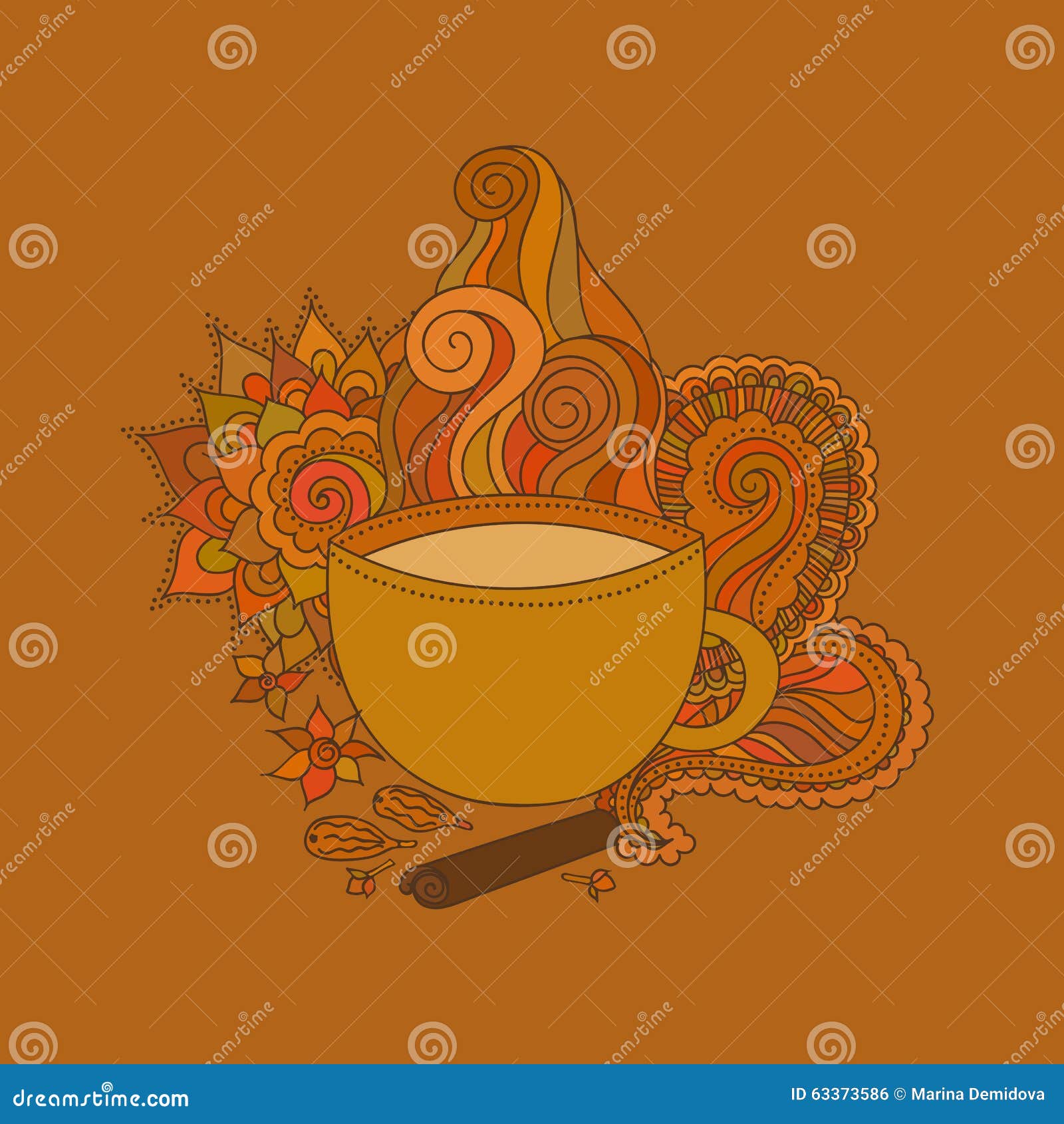 Cup of Masala Tea and Flavoring, Ethnic Pattern Stock Vector ...