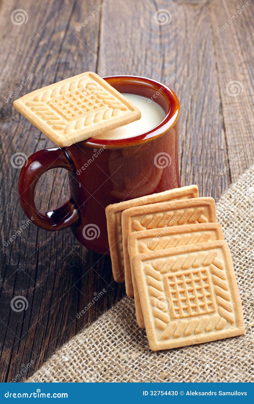 Cup of milk and cookies stock photo. Image of treat, wooden - 32754430