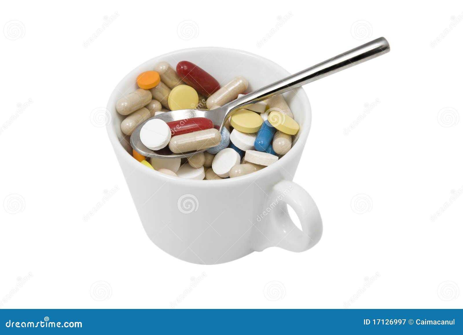 Cup of Multicolored Tablets with Spoon Stock Image - Image of illness ...