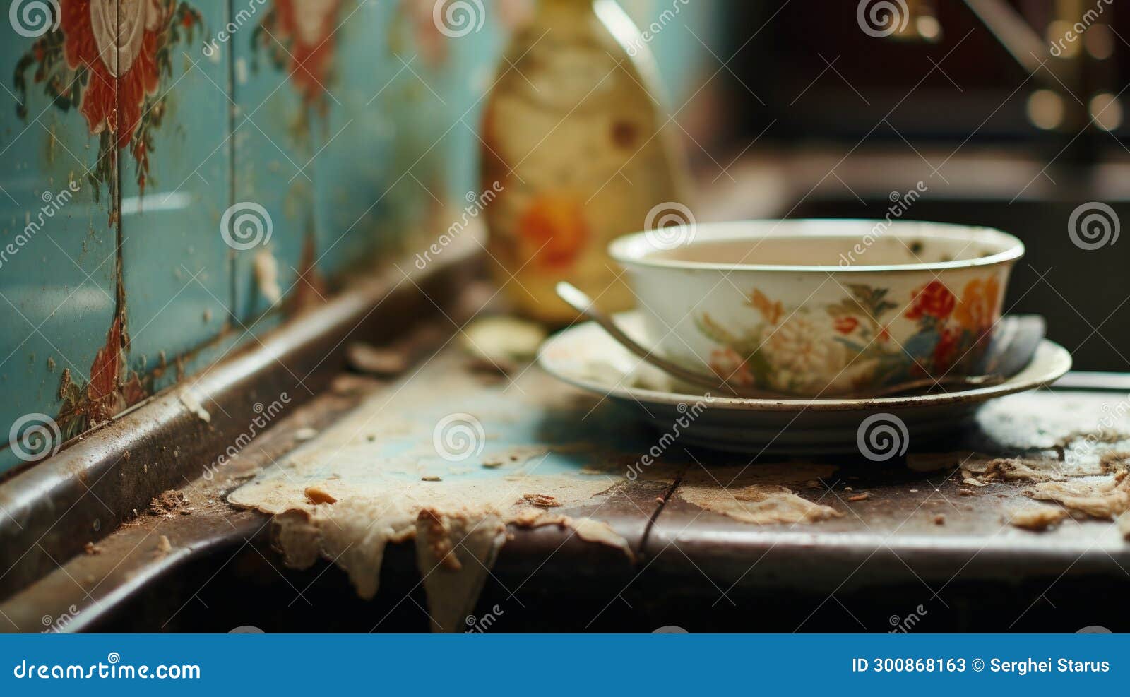 A Cup and Saucer Sitting on a Dirty Counter Top, AI Stock Image - Image ...