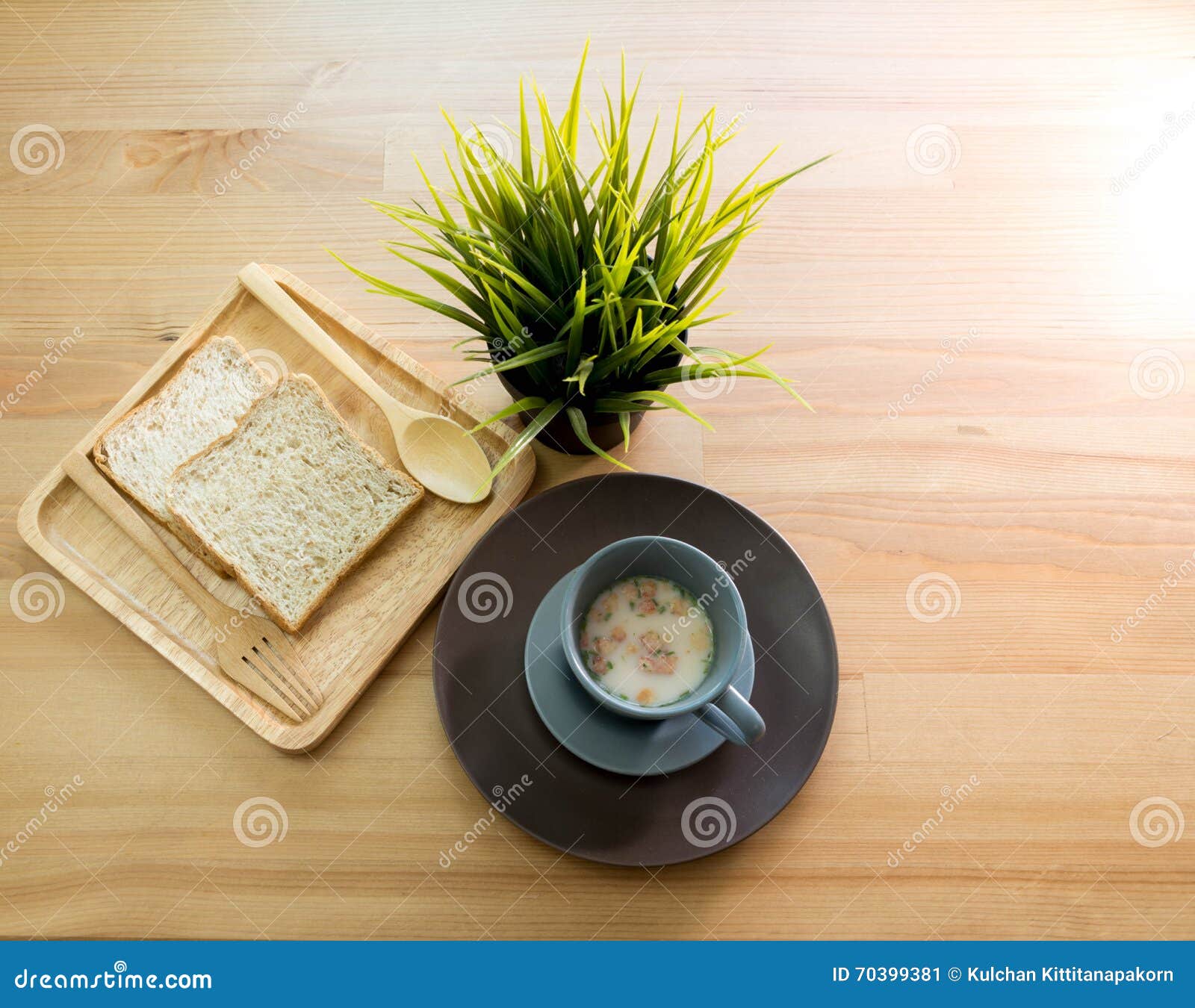 Cup Soup with Bread Breakfast on the Wood Table Stock Image - Image of ...