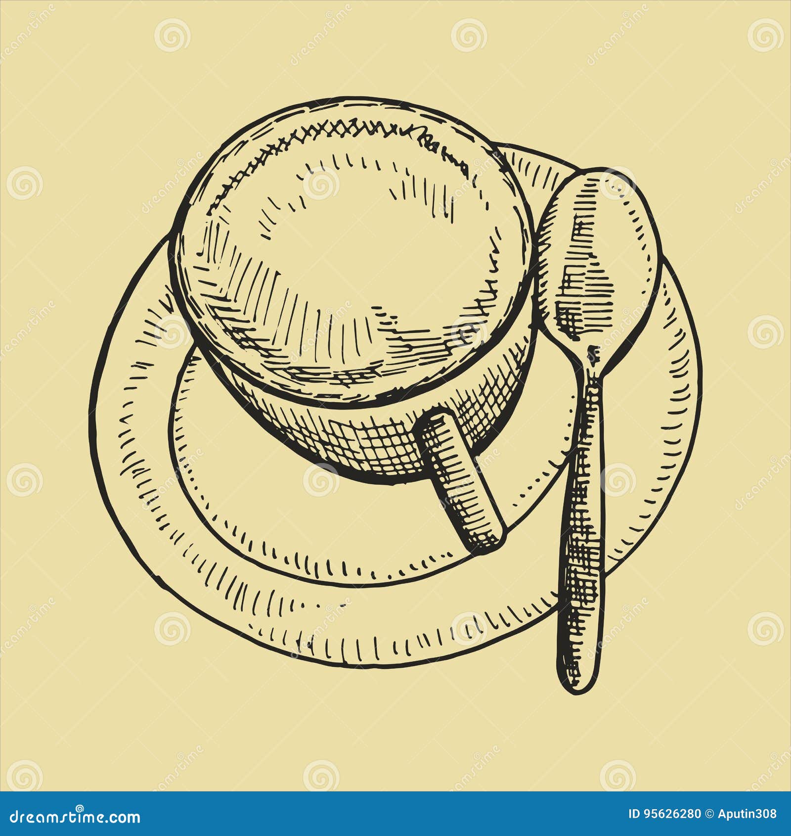 Cup and Spoon on a Silver Platter Drawing. Sketch Vector Illustration ...