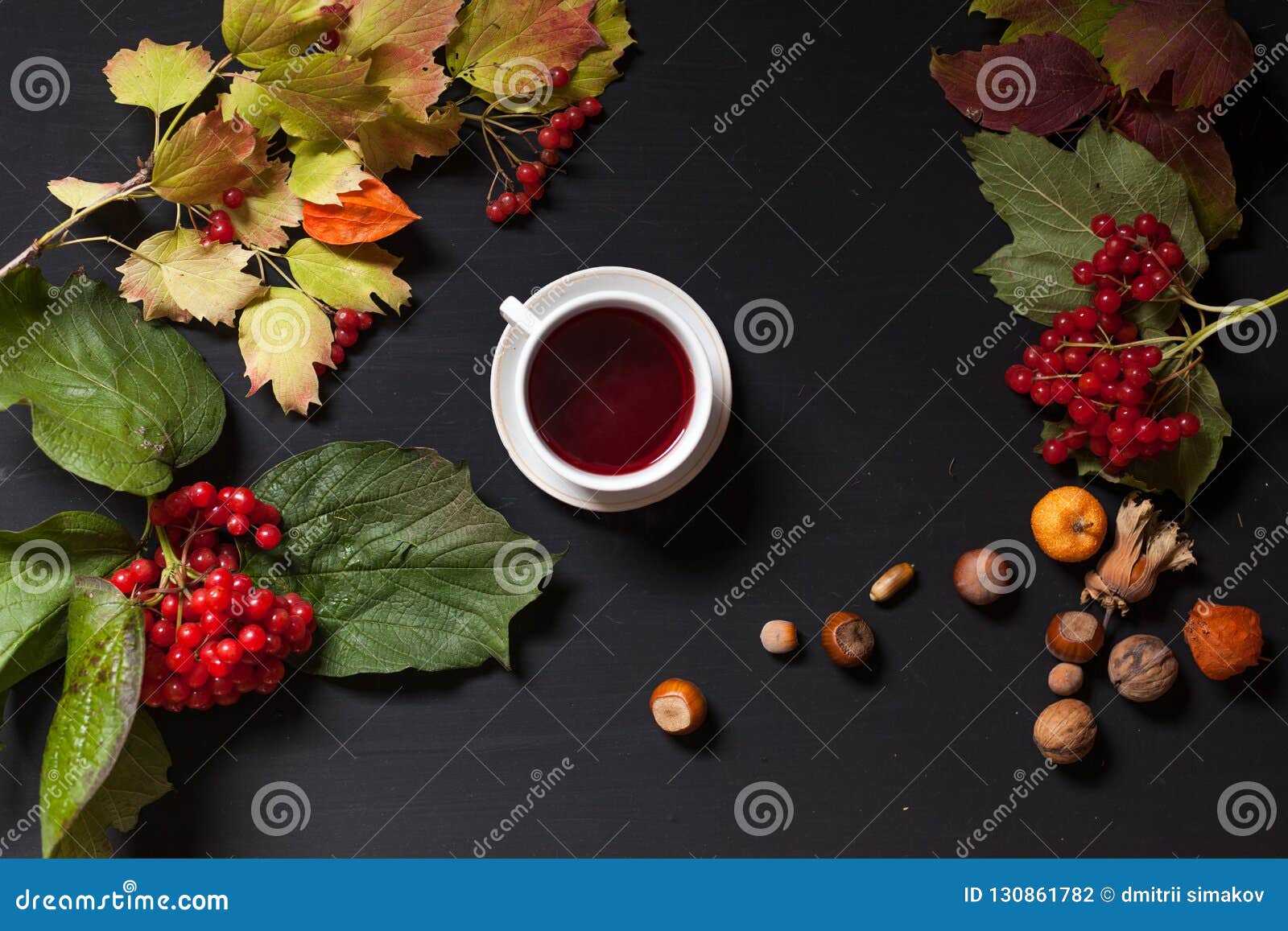 Cup of Tea Autumn Leaves Background Fruits Nuts Stock Photo - Image of ...