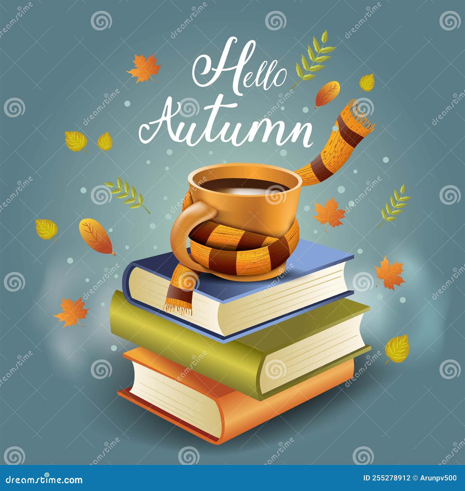 Cup of Tea with Books and Knitted. Hello Autumn Background Stock Vector ...
