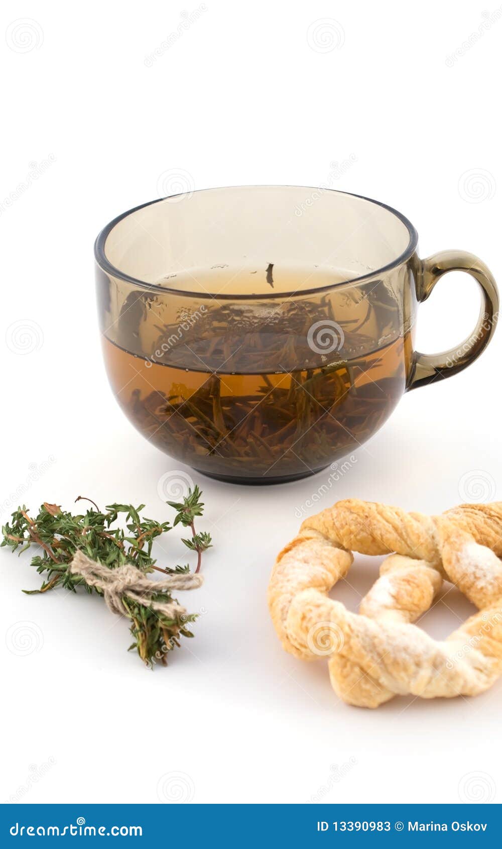 Cup of Tea with a Bundle of Herbs and Bagel Stock Image - Image of ...