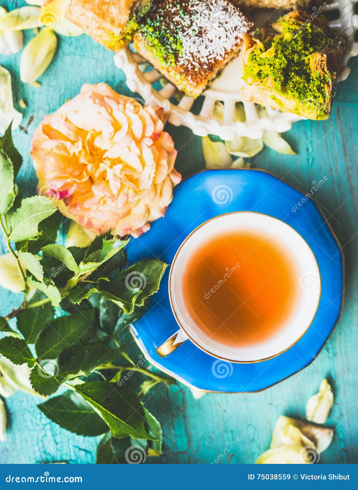 Cup of Tea with Cake and Flowers. Summer Tea Time Stock Image - Image ...