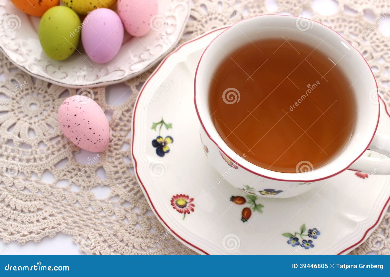 Cup of Tea and Easter Eggs on Beautiful Napkin Stock Image - Image of ...