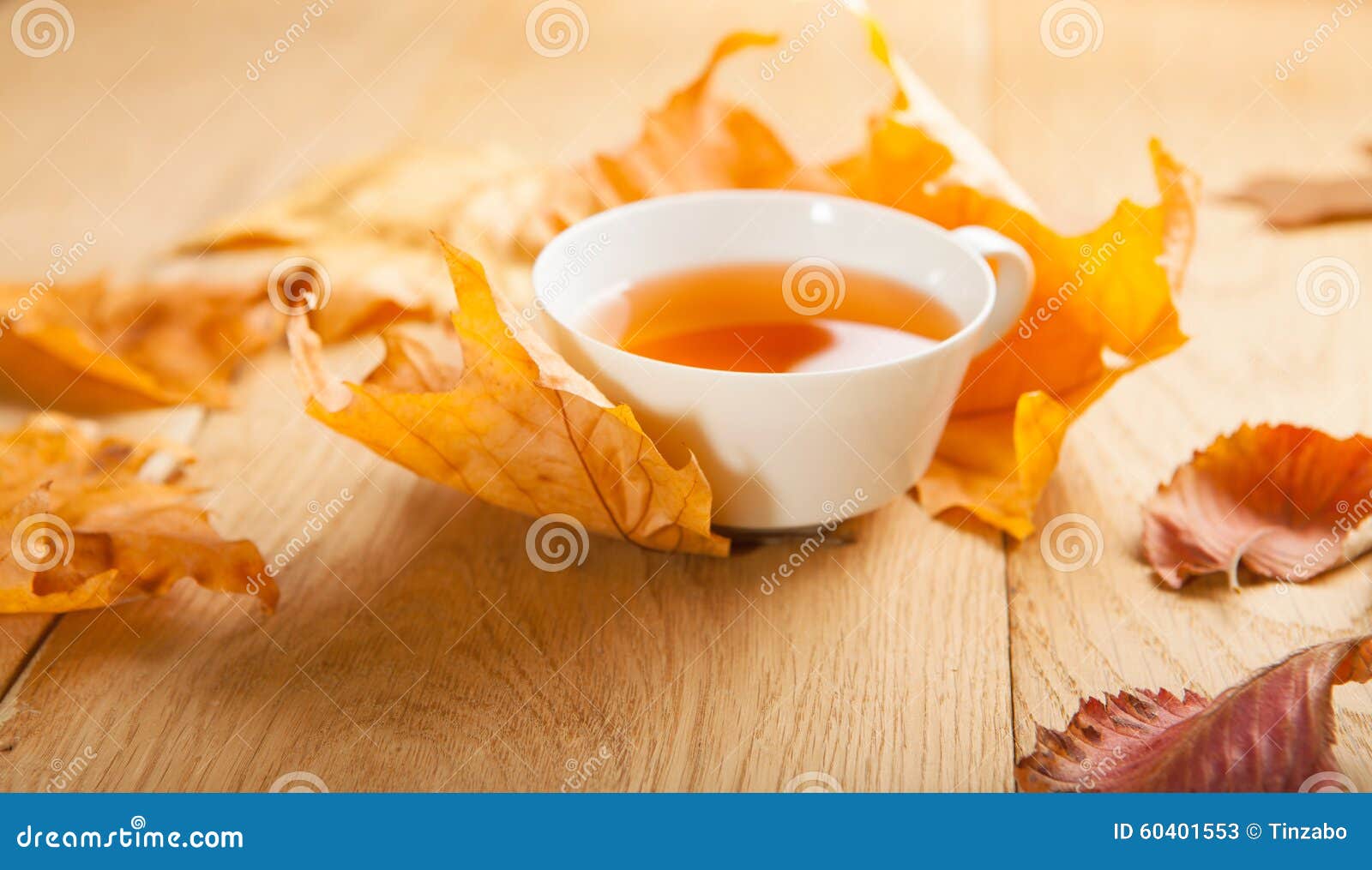 A Cup of Tea with Falling Autumn Leaves of Maple on the Background of ...