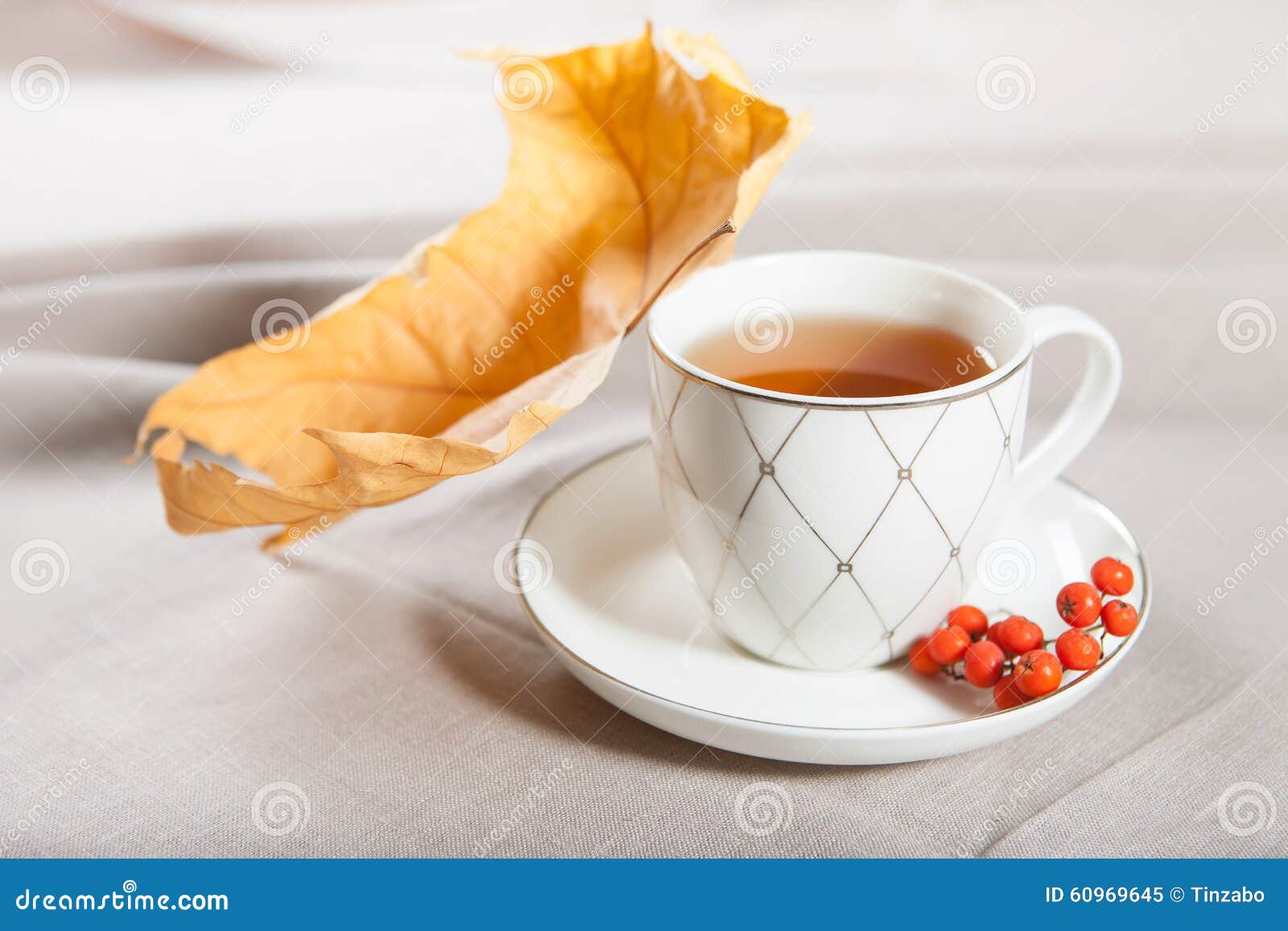A Cup of Tea with Falling Autumn Leaves of Maple, and a Bunch of Rowan ...