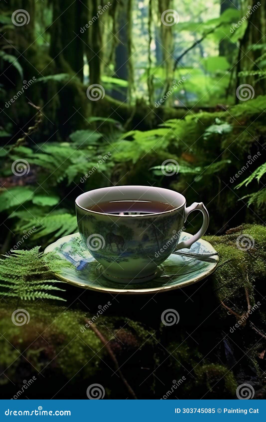 Cup of Tea in the Forest with Moss and Ferns Stock Illustration ...