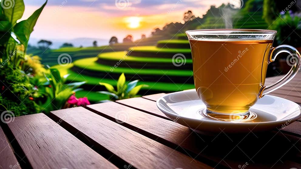 A Cup of Tea in Front of a Tea Plantation Stock Photo - Image of ...