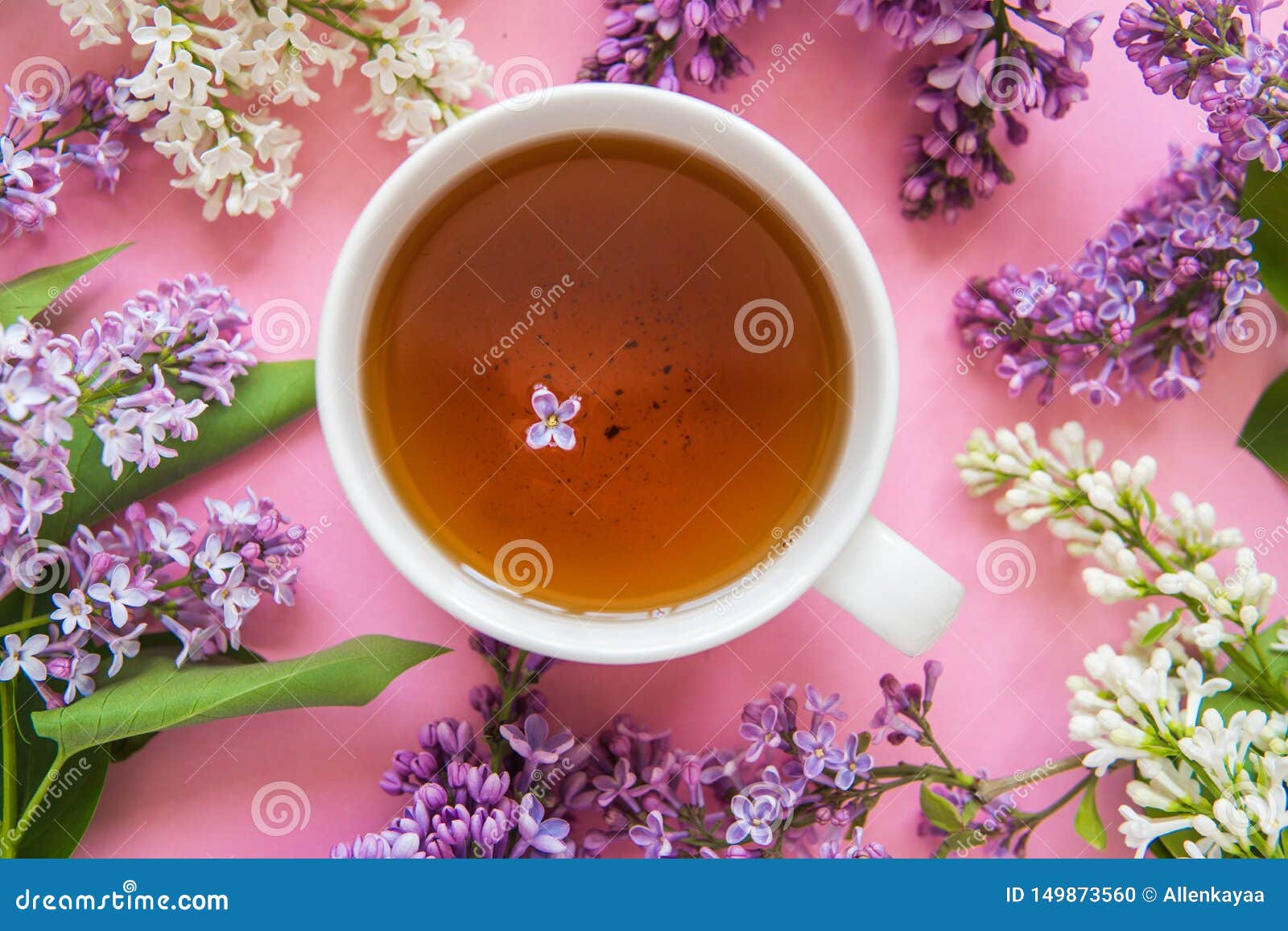 Cup of Tea with Lilac Flower on a Pink Background Stock Photo - Image ...
