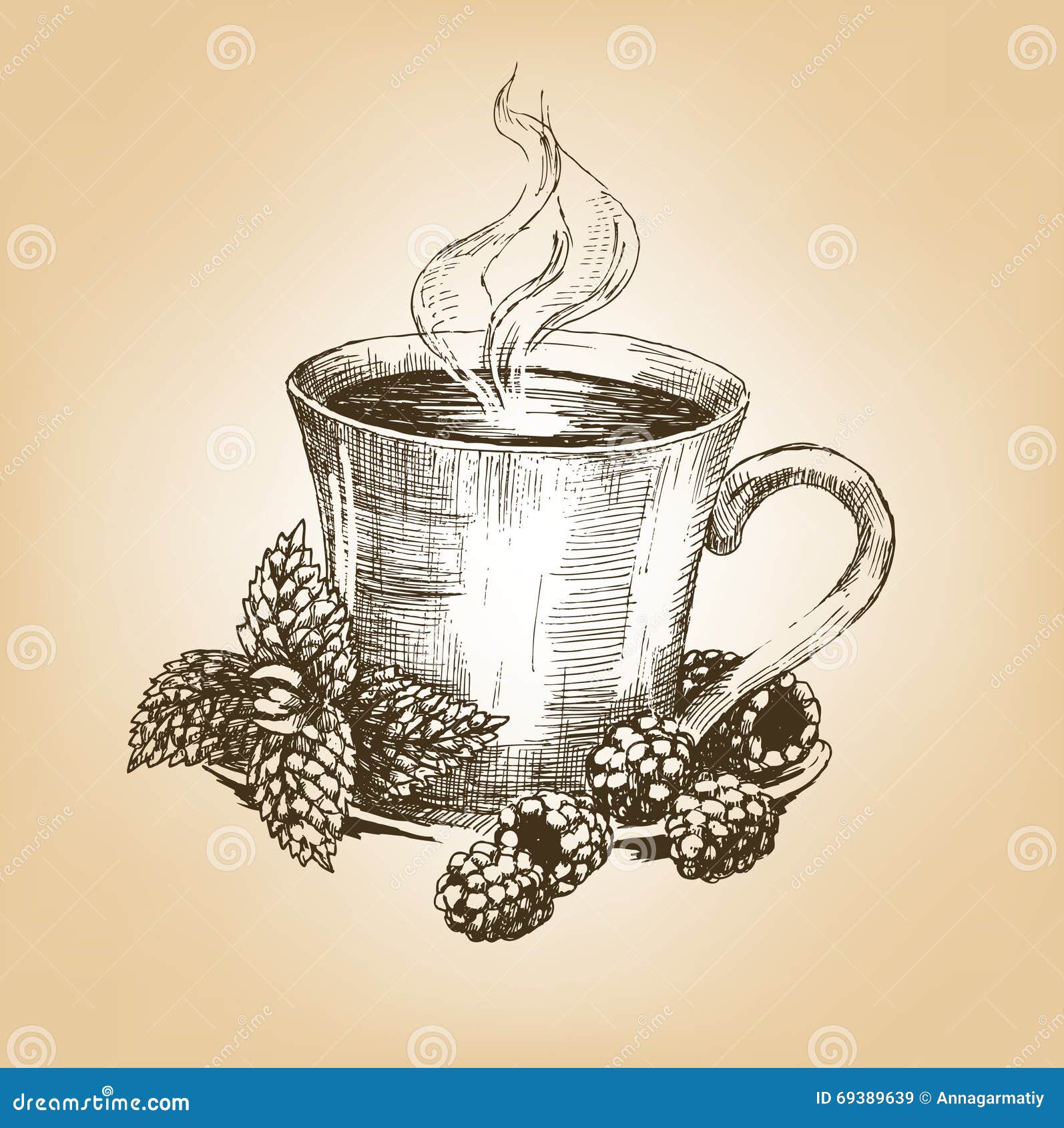 Cup of Tea with Mint and Raspberries Stock Vector - Illustration of ...