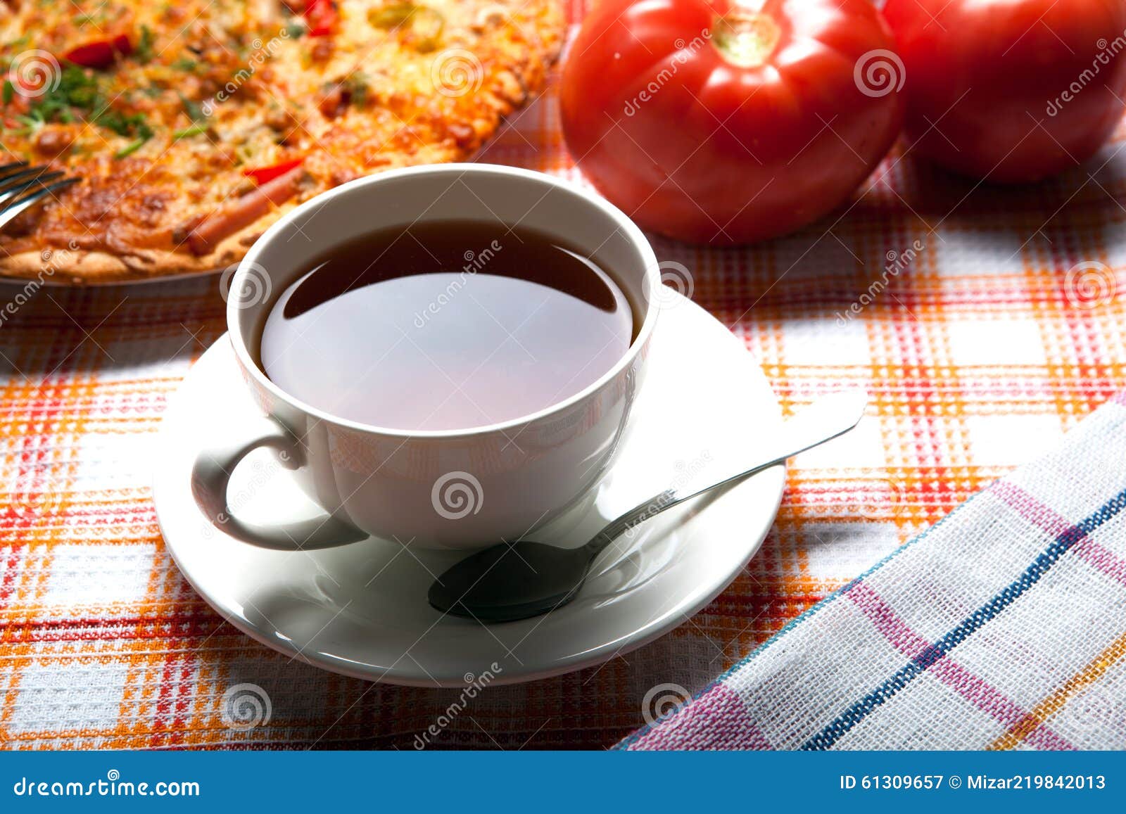 Cup of tea and pizza stock image. Image of appetizing - 61309657