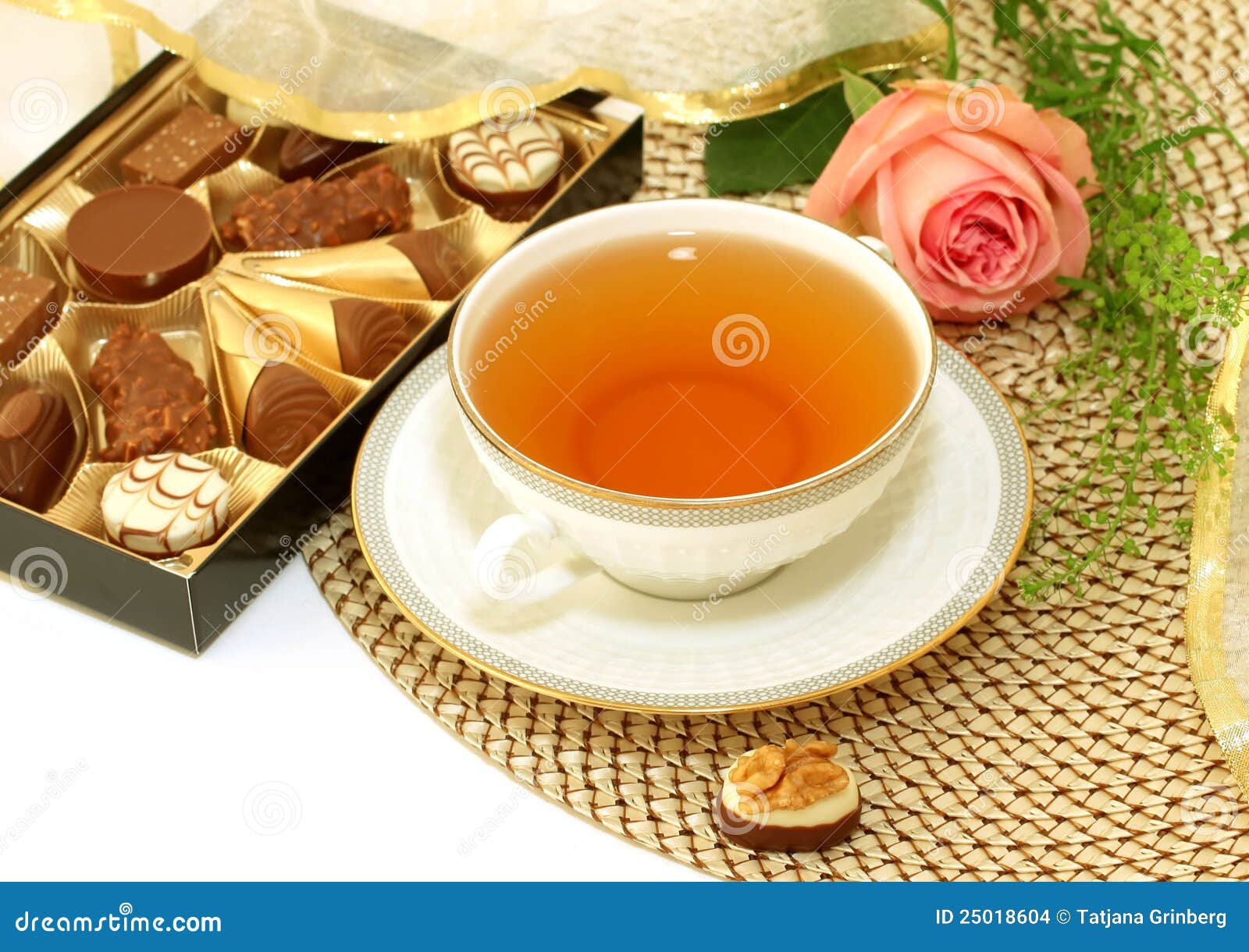Cup of Tea, Pralines and Pink Rose - Holiday Compo Stock Photo - Image ...
