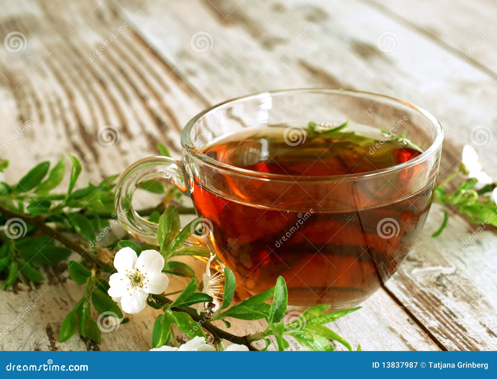 Cup of Tea and Spring Branch on Old Wooden Stock Image - Image of leaf ...