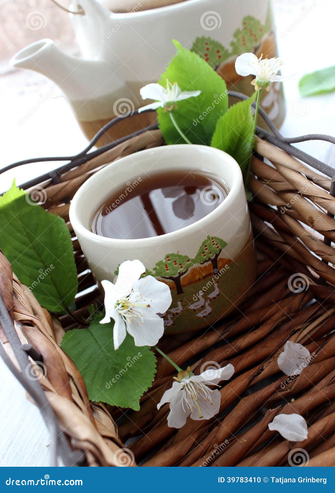 Cup of Tea and Spring Branch on Wooden Stock Photo - Image of ...
