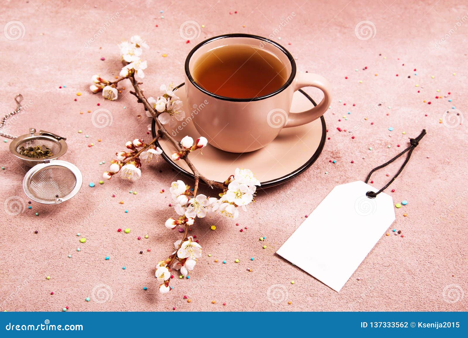 A Cup of Tea in the Spring Decoration. View from Above. Place for Text ...