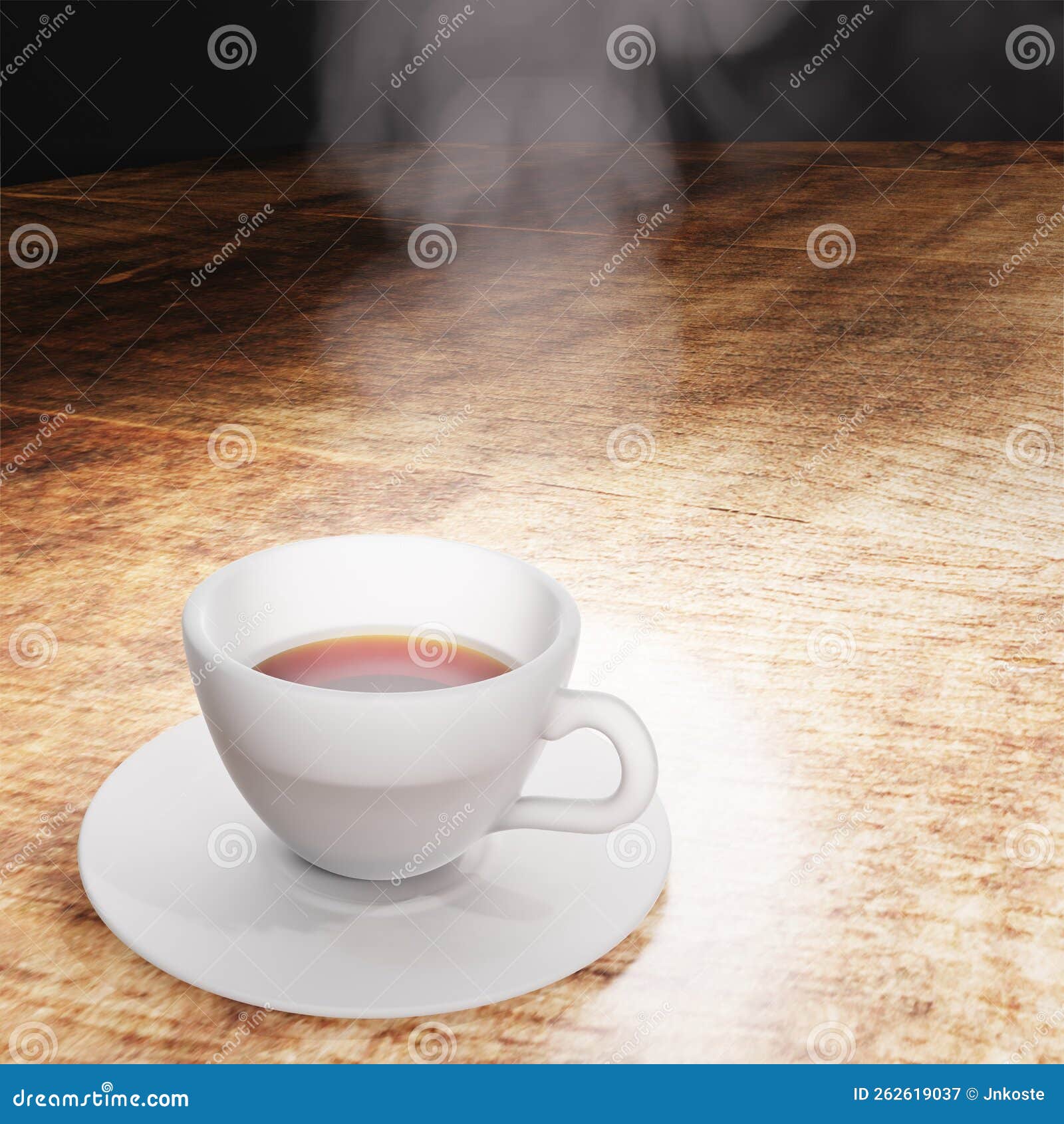 Cup of Tea with Steam on a Wooden Table, White Ceramic 3D Render Stock ...