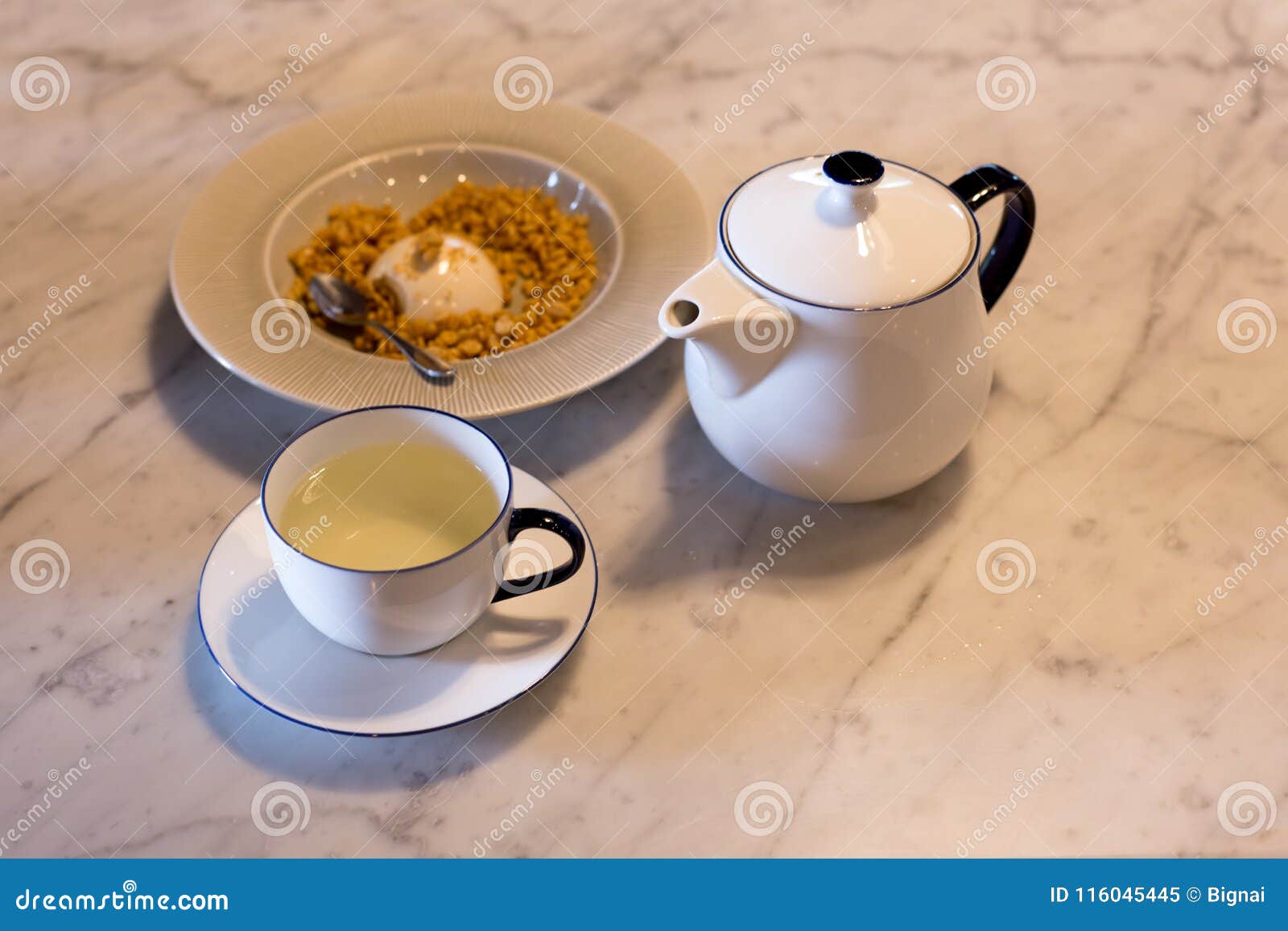 Cup of Tea and Tea Pot with Pudding on the Table Stock Image - Image of ...