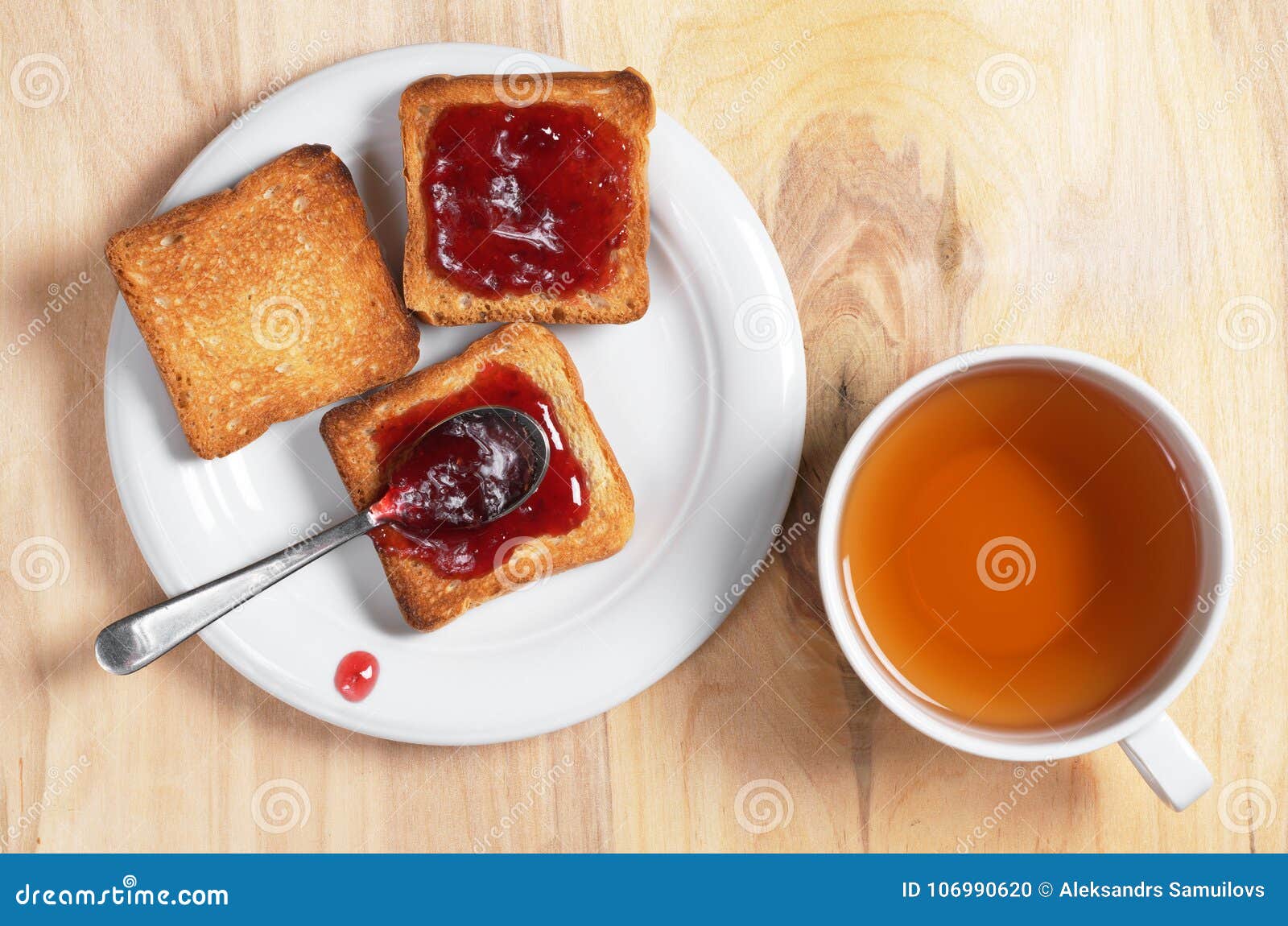 Cup of tea and toast bread stock photo. Image of table - 106990620