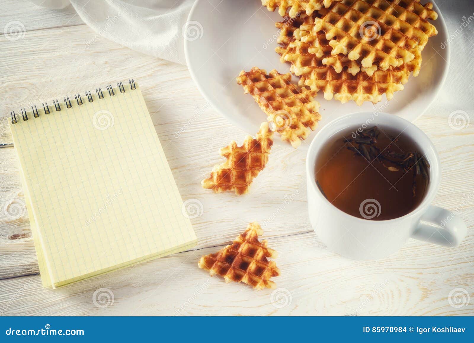 Cup of Tea, Waffle and Notepad. Top View Stock Photo - Image of fried ...