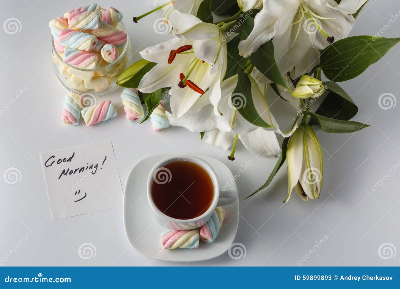 Cup of Tea, White Lily and Note Stock Image - Image of invitation ...