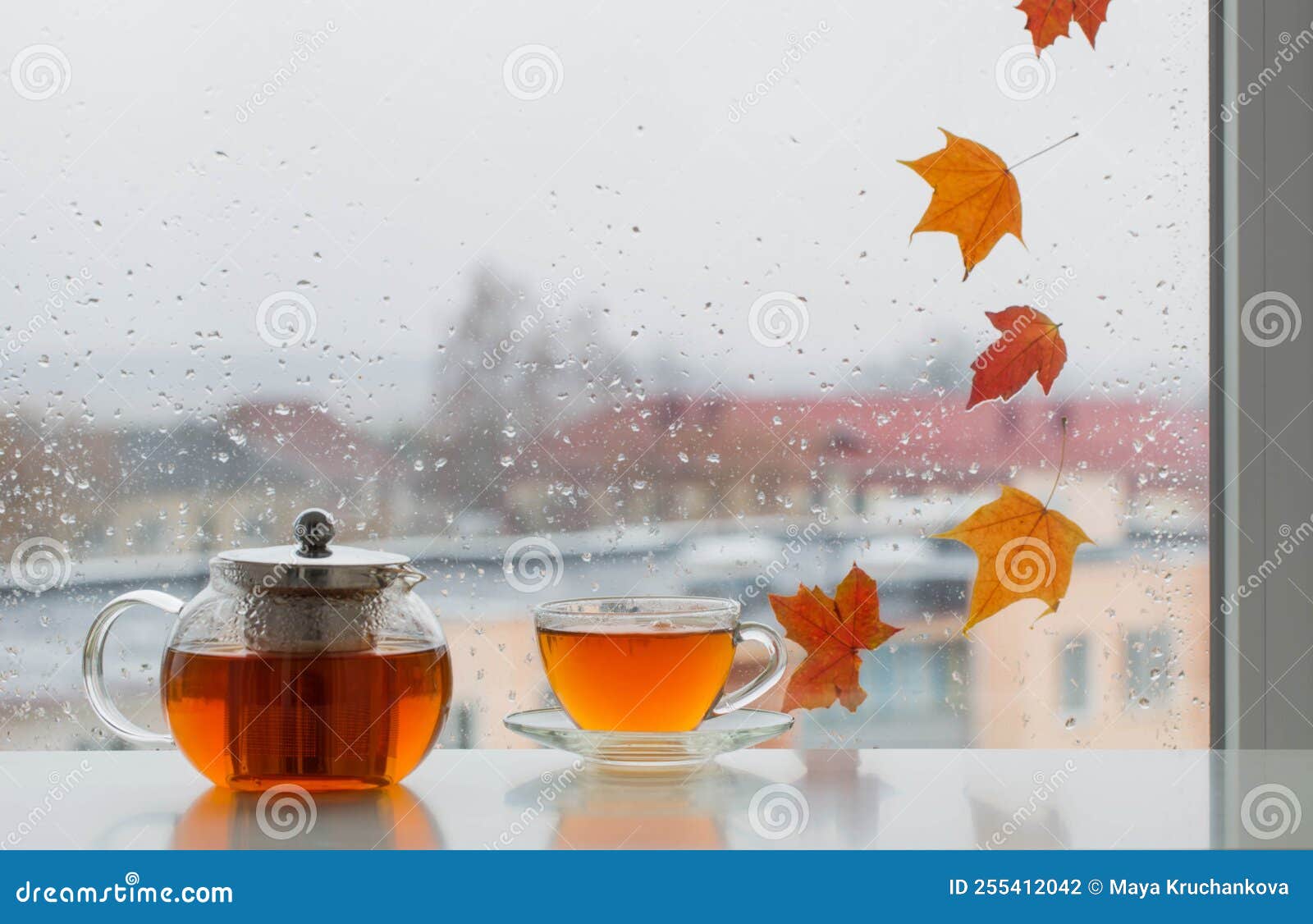 Cup of Tea on Windowsill with Autumn Leaves Stock Photo - Image of ...