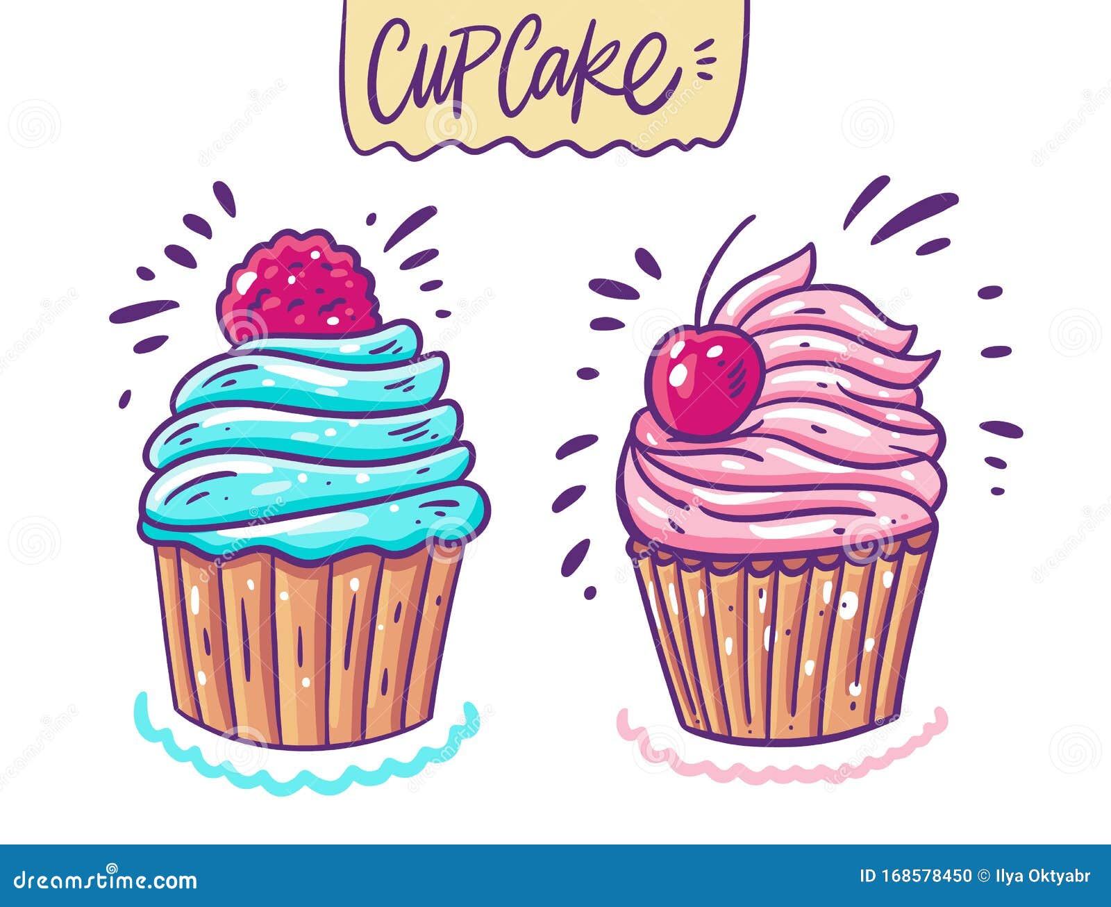 Cupcake With Blue Cream And Raspberries Pink Cupcake With Cherry Hand