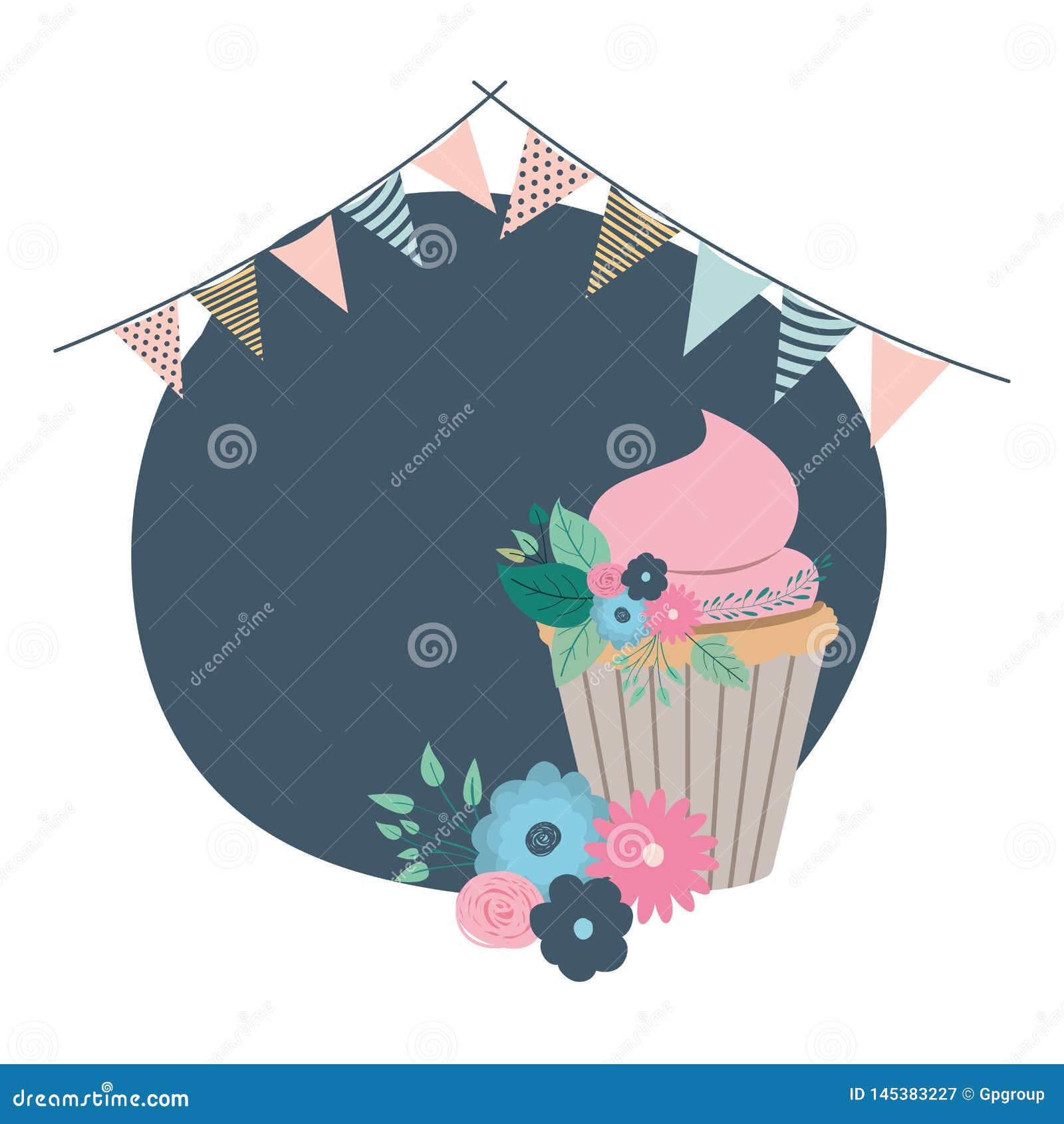 Cupcake with Flowers and Garlands Circular Frame Stock Vector ...