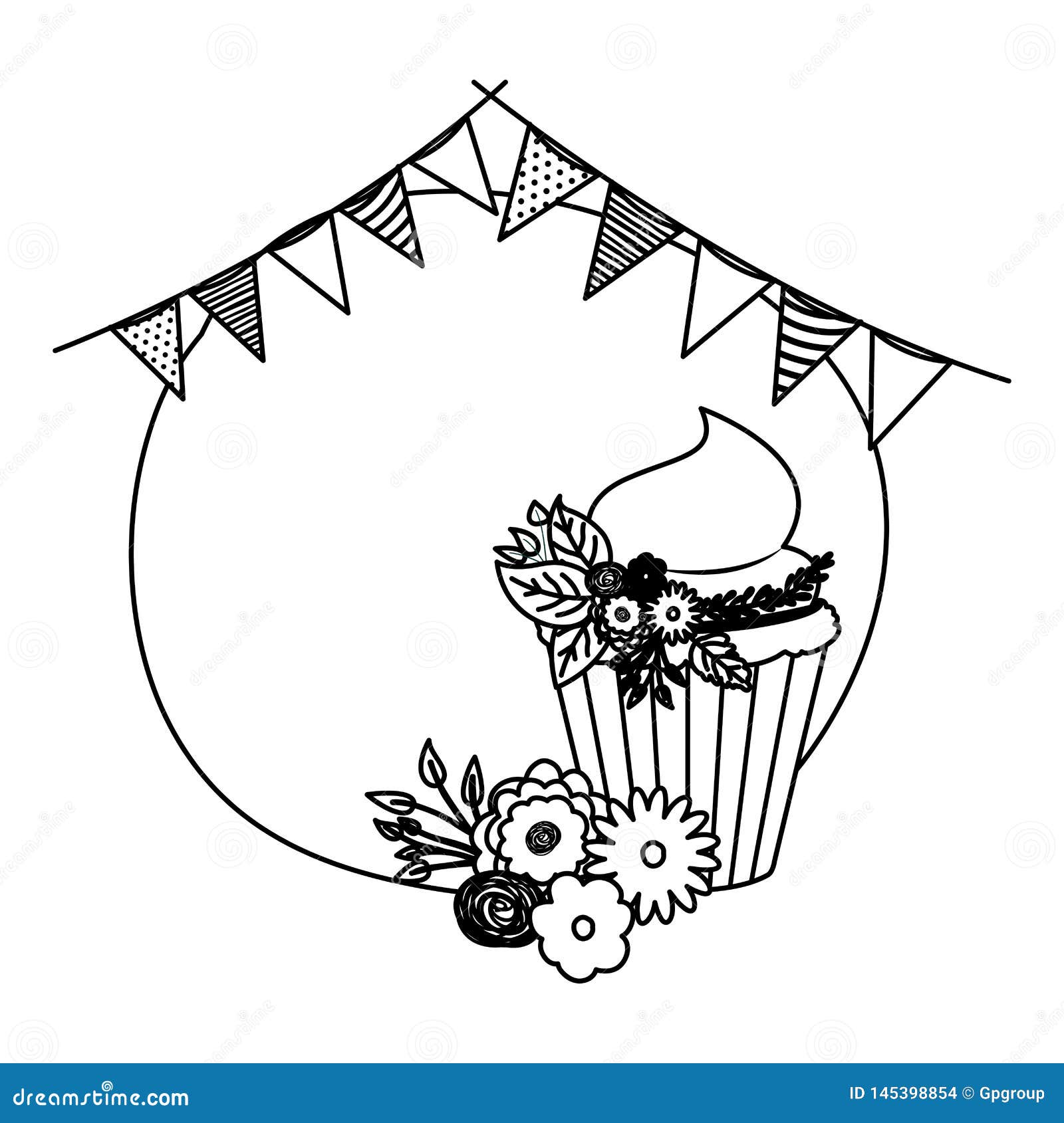 Cupcake with Flowers and Garlands Circular Frame Stock Vector ...