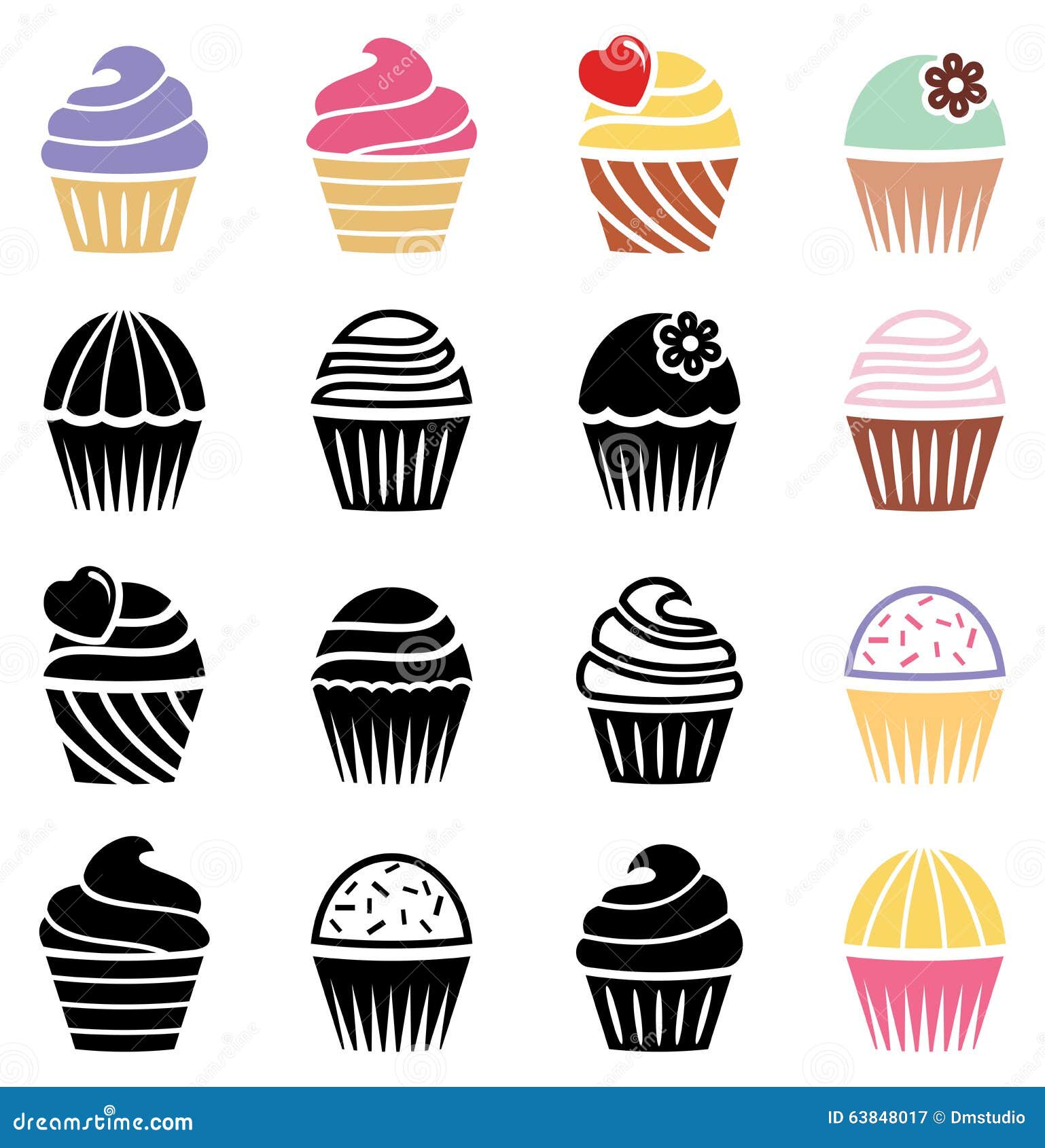 Cupcake Icons. Dessert Baking Black And White Signs Cartoon Vector ...