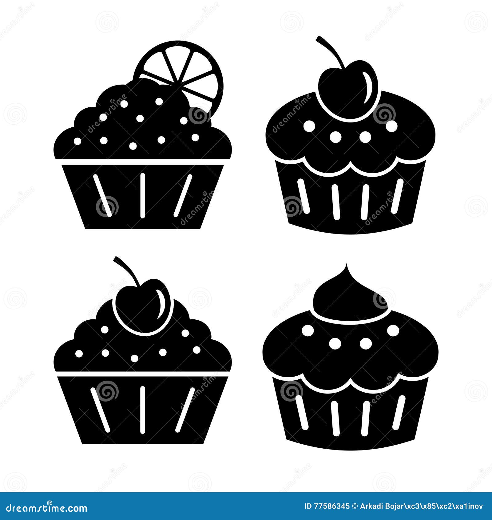 Cupcake Icons. Dessert Baking Black And White Signs Cartoon Vector ...
