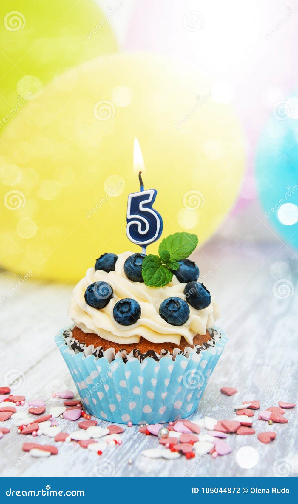 Cupcake with a Numeral Five Candle Stock Photo - Image of colorful ...