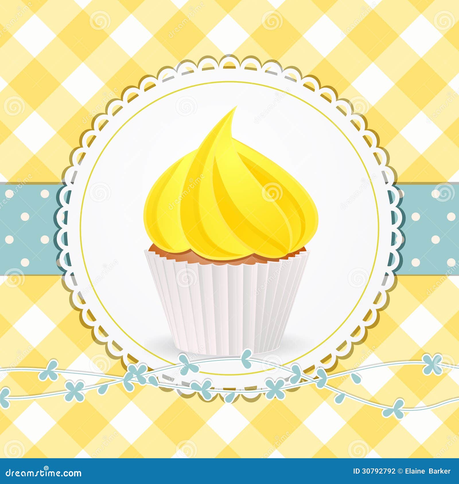 Cupcake with Yellow Icing on Yellow Gingham Background Stock Vector ...