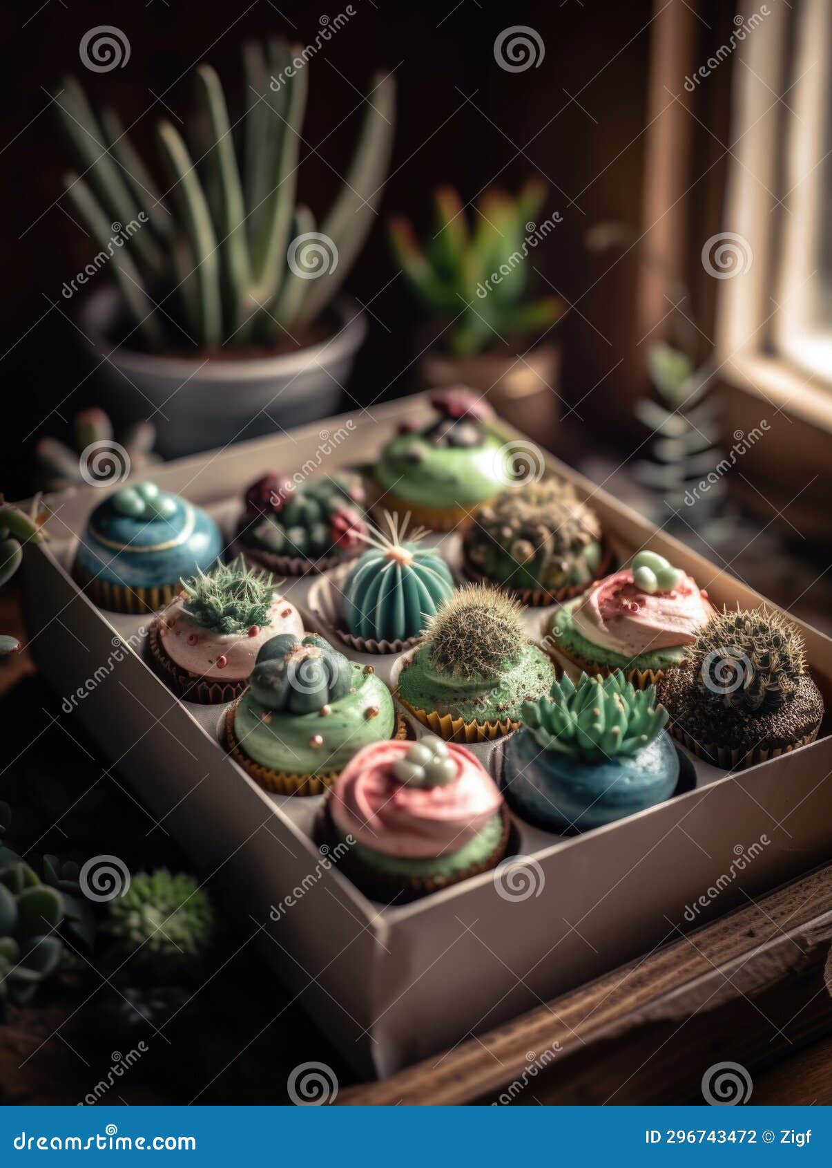 Cupcakes with Cactus Plants in a Box Stock Illustration - Illustration ...