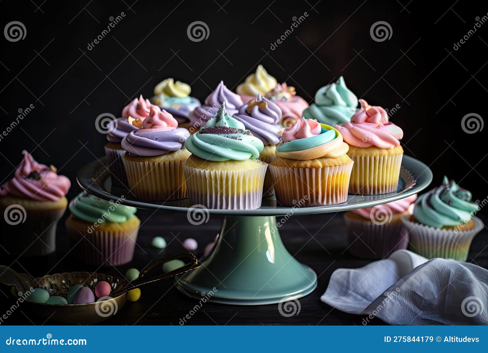 Cupcakes on a Cake Stand, with an Array of Pastel and Colorful ...