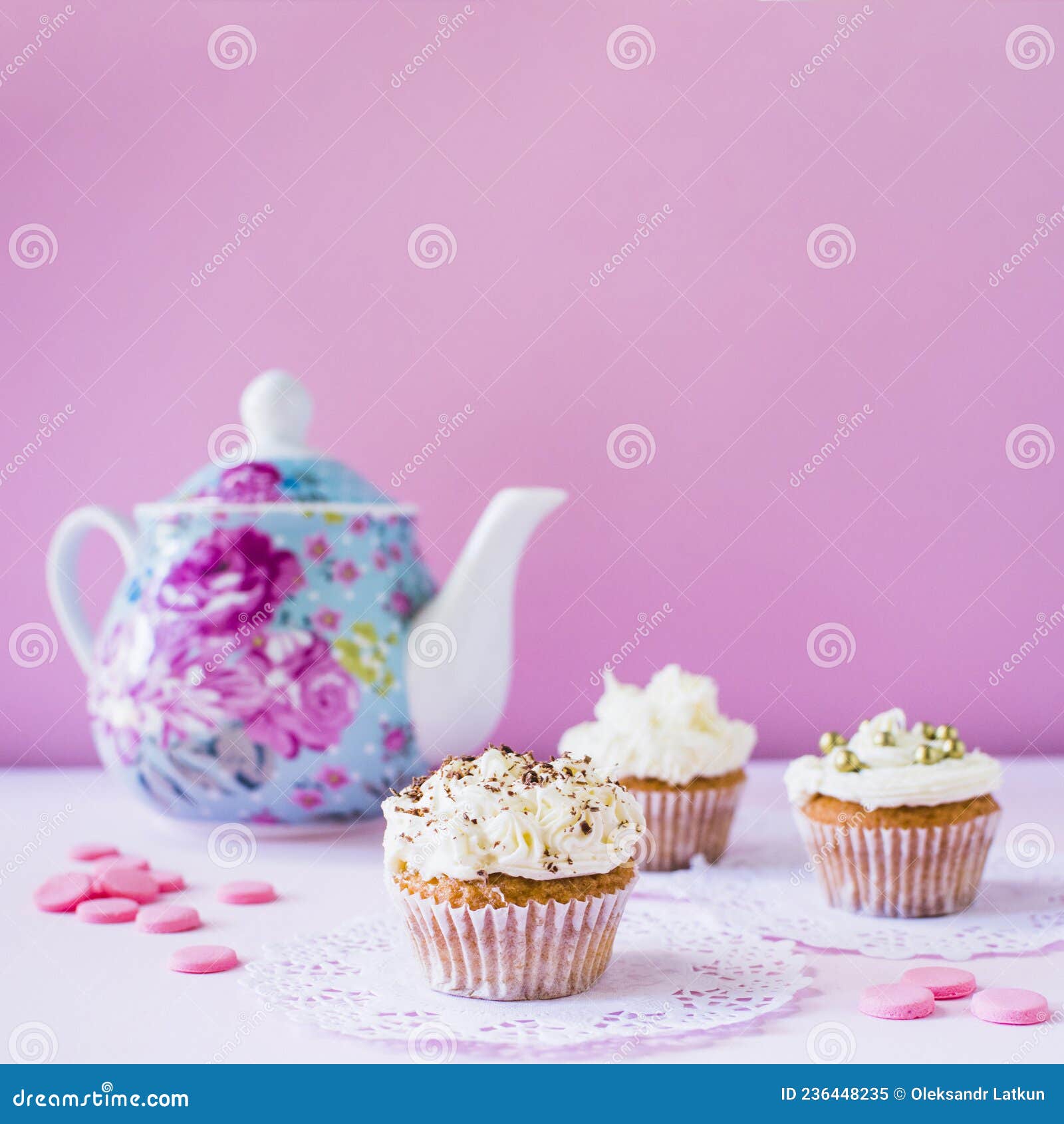 Cupcakes Candies Teapot White Surface. High Quality Photo Stock Image ...